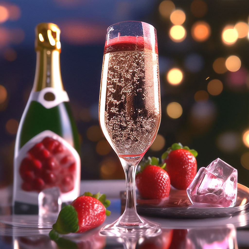 "A glass of champagne, with ice cubes bubbles, "strawberries in ...