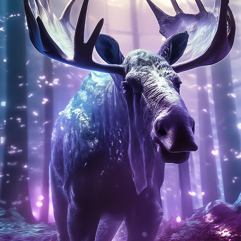 "Ghostly translucent scary huge MOOSE, futuristic shimmering forest ...