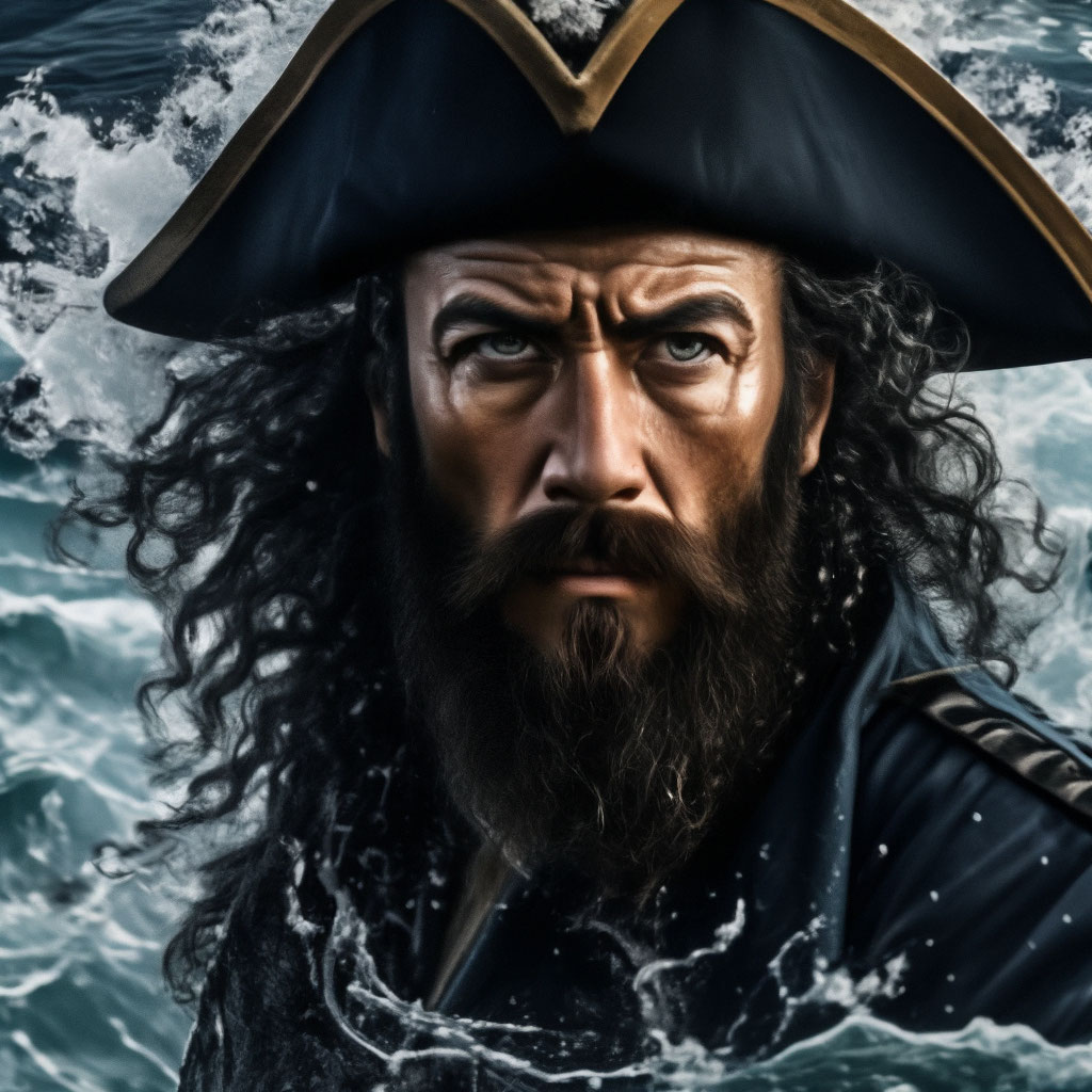 "Captain Blackbeard,sea spray wind, darkness,super-drawing,clear detail ...