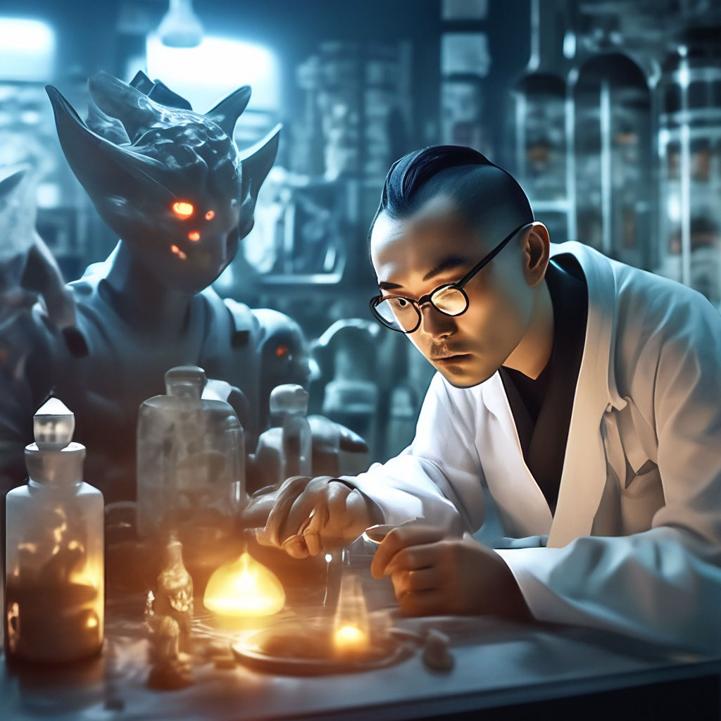 "Realistic+photography, a thin Chinese mad scientist with a goatee and ...