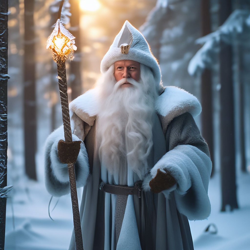 "Father Frost, a mythical character, in a snowy forest, surrounded by ...
