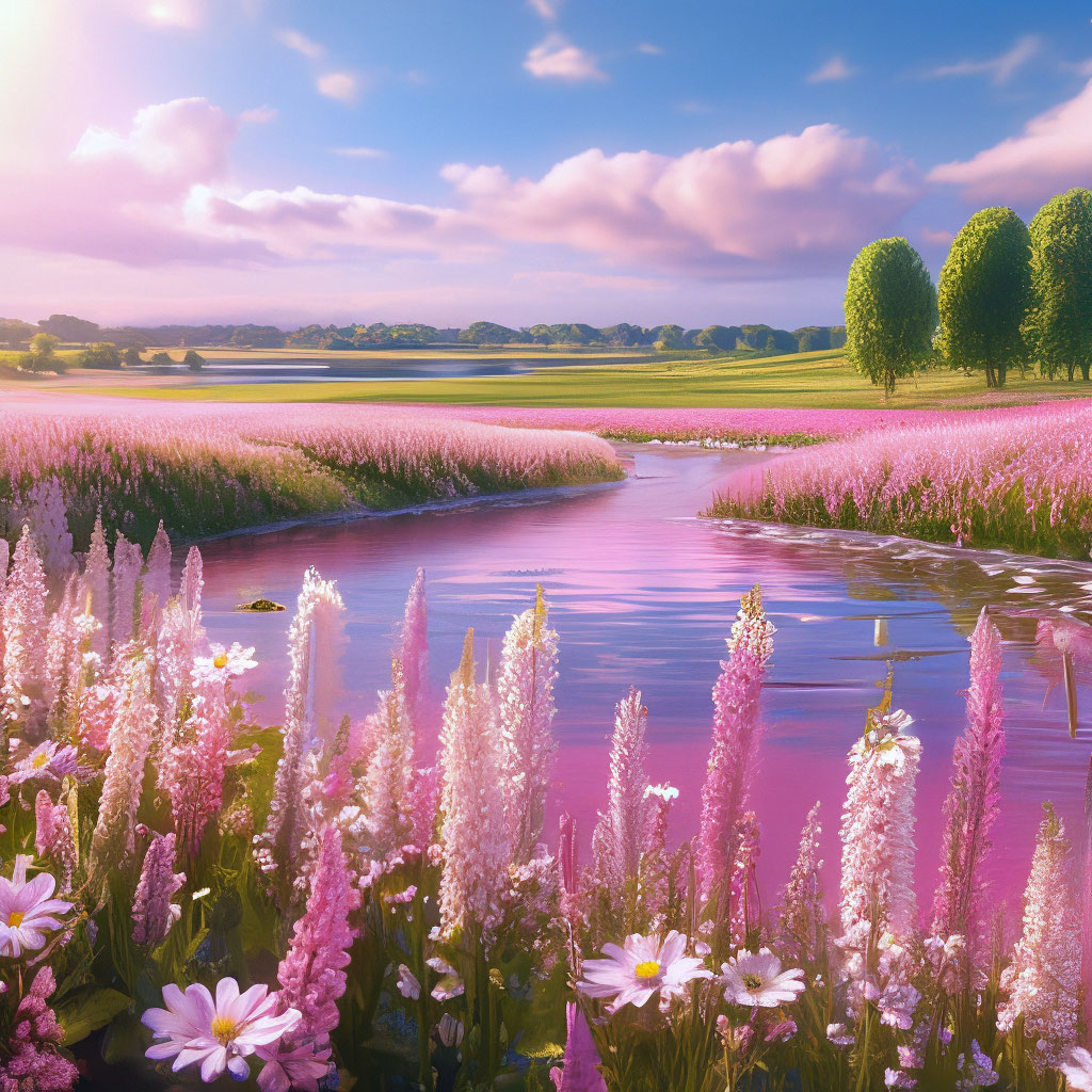 "Pale pink lake with white highlights, fields near covered with bright ...