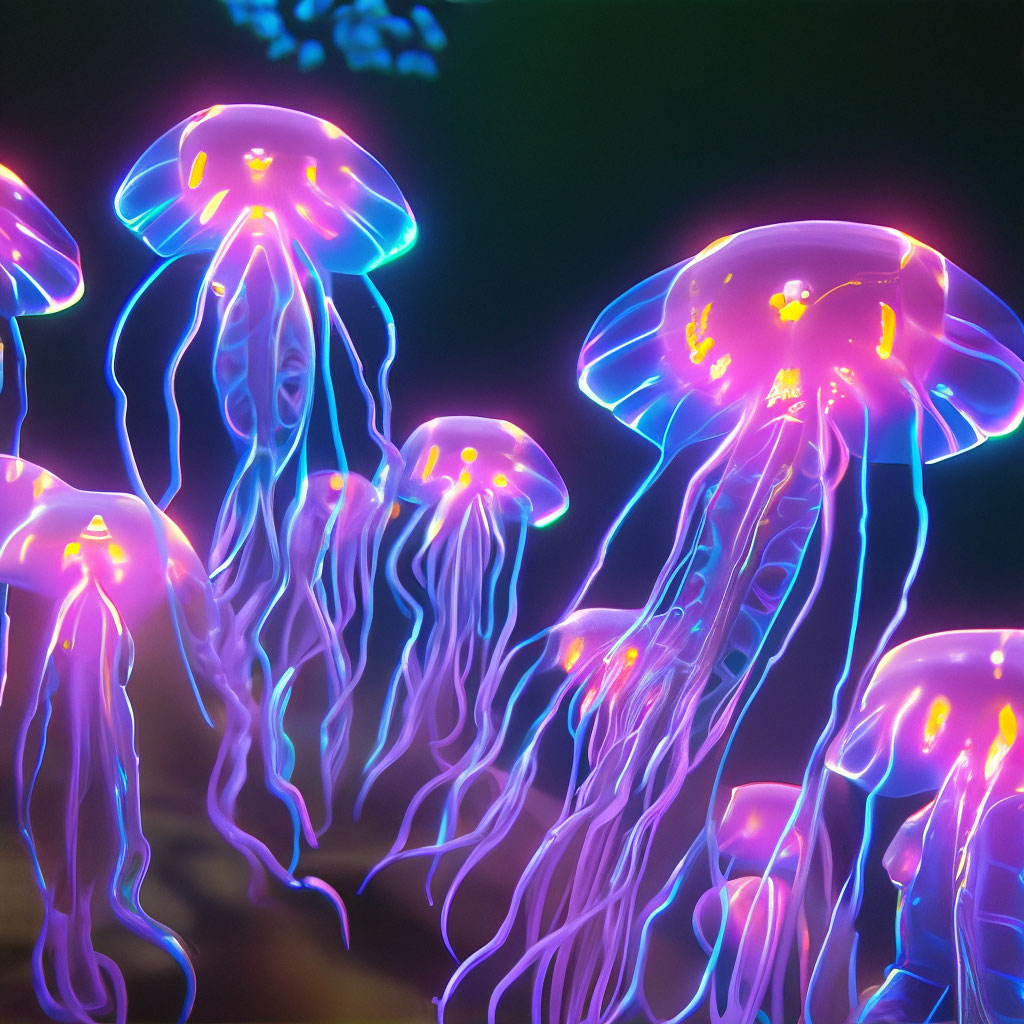 "Huge marine animals swim in the opalescent water column, glowing ...