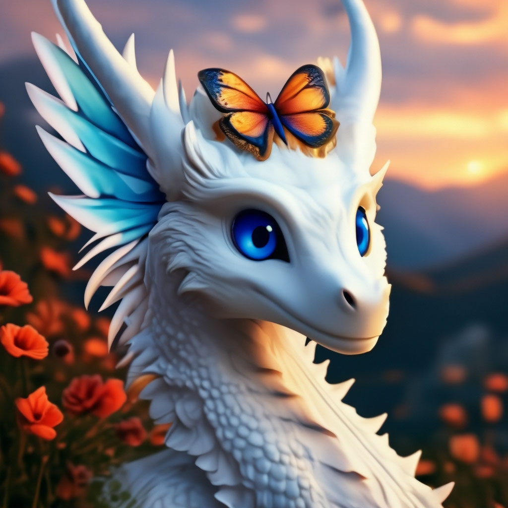 "A very cute beautiful white dragon with a blue butterfly on its head ...