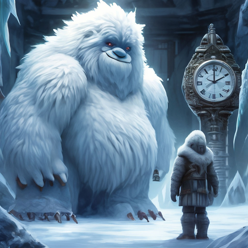 "💙 fluffy very big Yeti, stands near a huge ice clock, interlacing ...