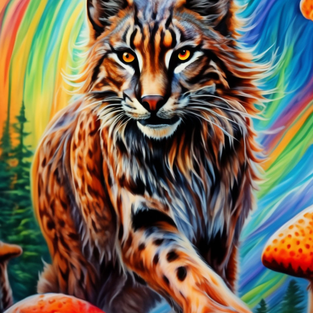 "Colored pencil line drawing, forest hyper-colored lynx with tassels on ...