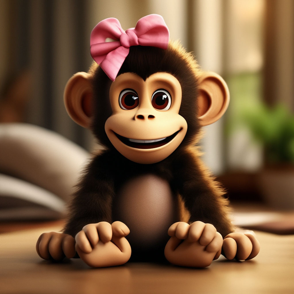 "Creep fluffy funny bug-eyed monkey, smiling, with a bow on his head ...