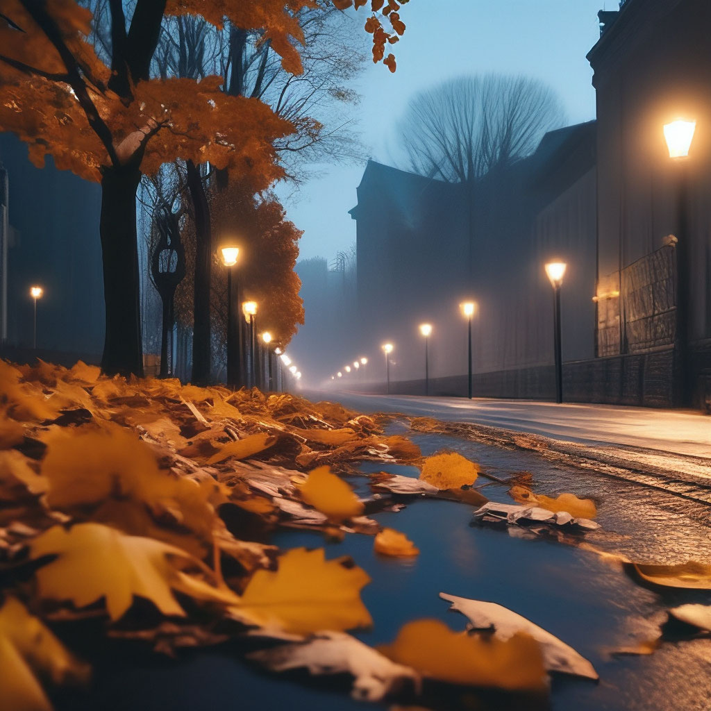 "Wednesday, November 1, very warm early morning,autumn, street lights ...