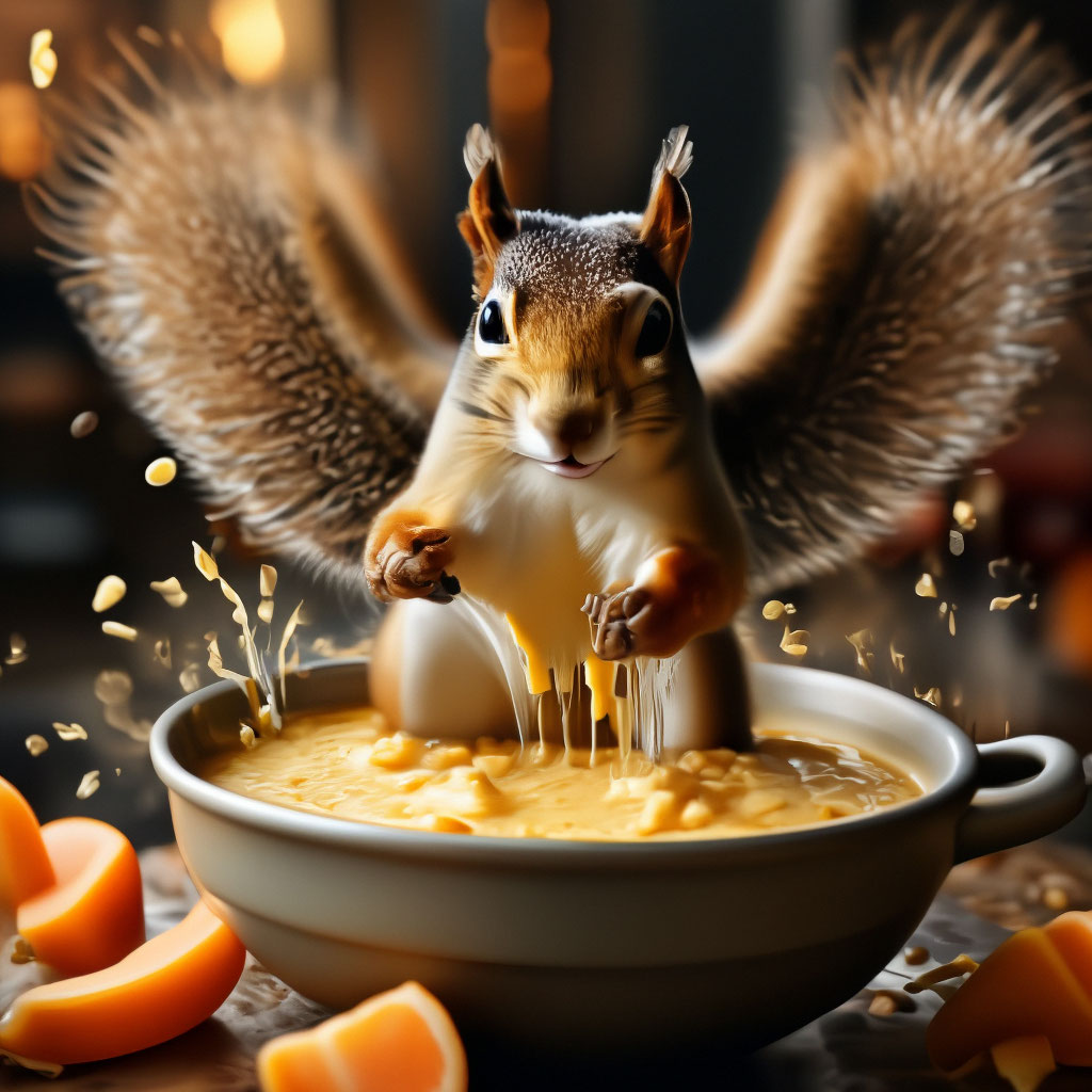 "A squirrel with wings splashes in cheese soup" — image created in ...
