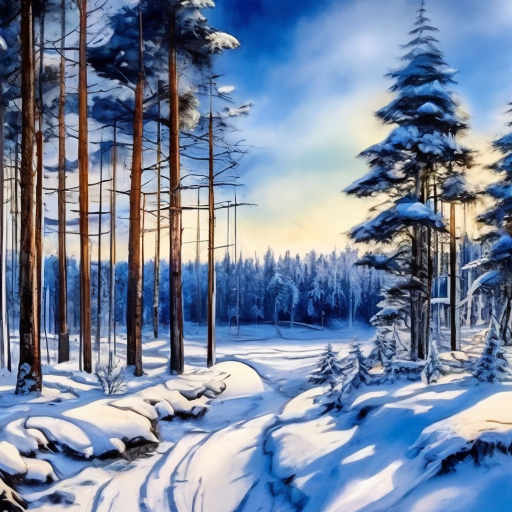 "Watercolor drawing, ink drawing, snowfall, winter landscape, snow ...