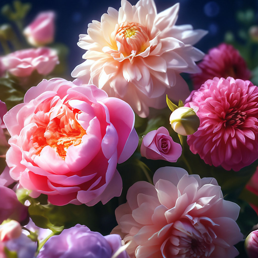 "Realistic flowers roses peonies dahlias,hyperrealistic,lumen,glitter ...