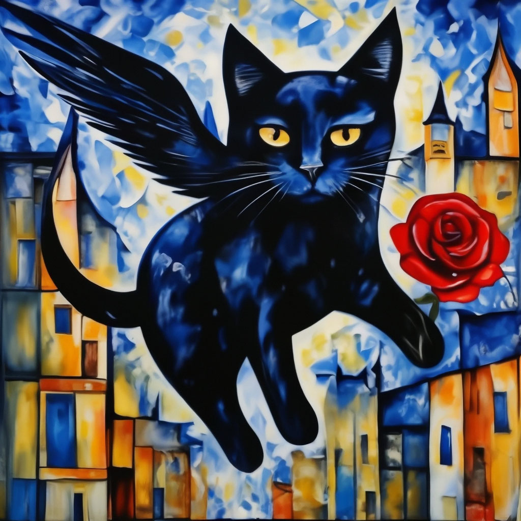"Painting in the style of Marc Chagall, a black flying cat flies over ...