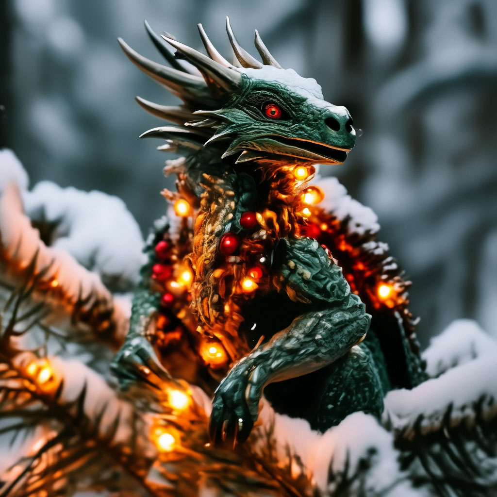 "Dragon-Christmas tree, sitting on a snow-covered pine tree, new year ...