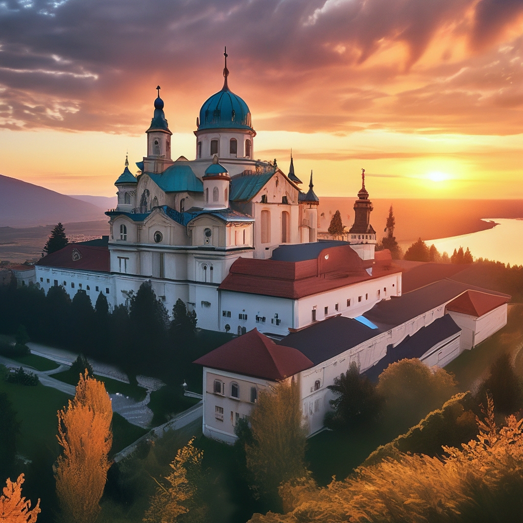 "A beautiful monastery in the sunset" — image created in Shedevrum