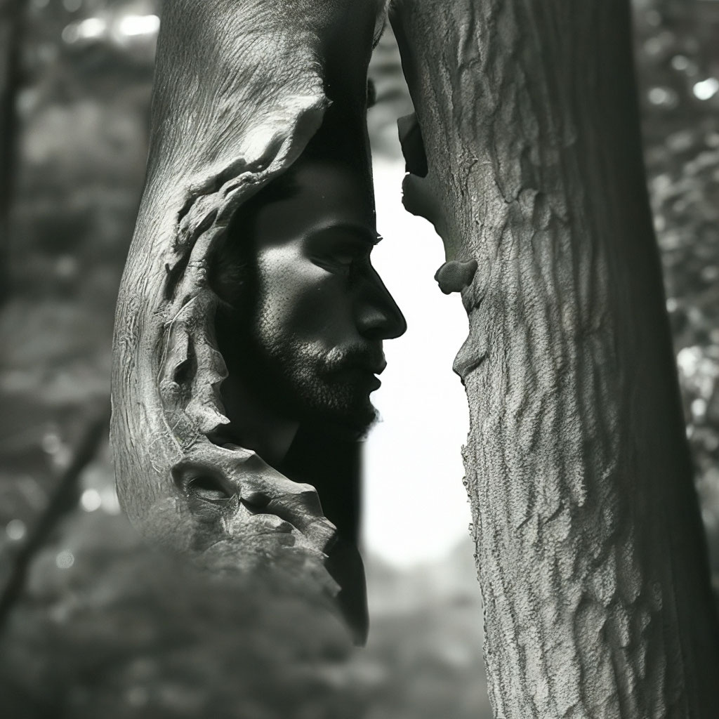"Digital photo of half a man in half a tree ,symbiosis of man and tree ...