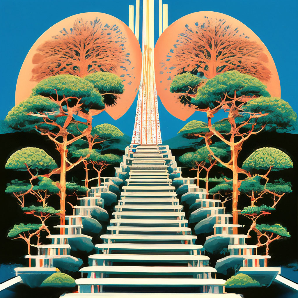 "Fractal stairway to heaven around a bansai tree, on a landscape ...
