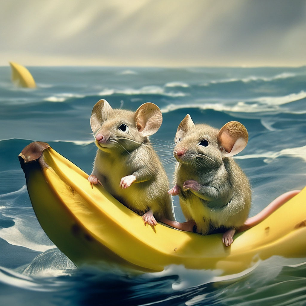"Mice are hanging out in the sea on a banana" — image created in Shedevrum
