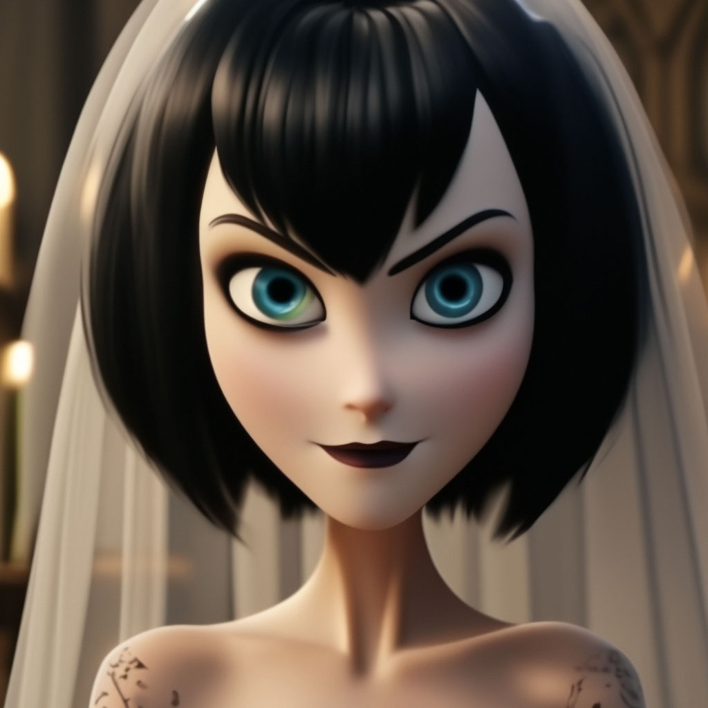 "Mavis Dracula, the happy bride with a veil of shiny, thin black lips ...