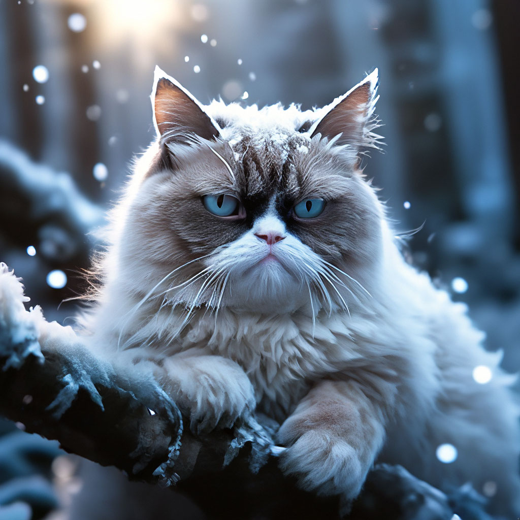 "Grumpy cat frost, look: "For what?!", mysticism,fantasy, fairy forest ...