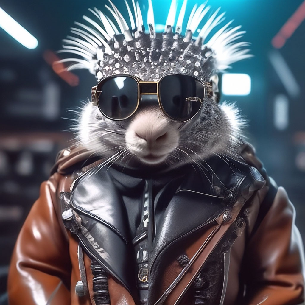 "Porcupine in leather jacket with straps, dark glasses in cyberpunk ...