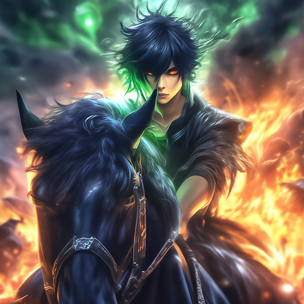 "Hyperrealism, anime guy with black hair and green eyes sits astride a ...