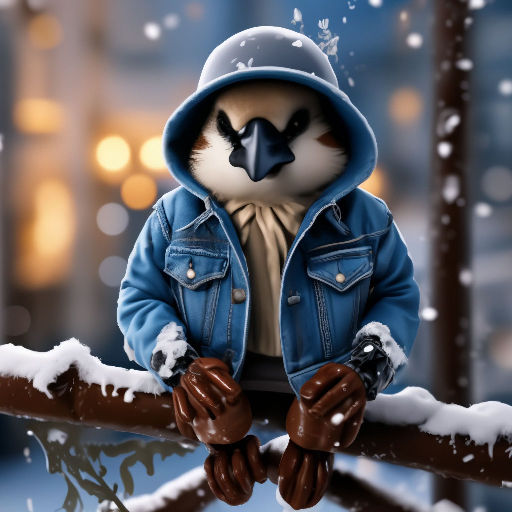 "The cartoon rapper sparrow is sitting on a branch covered with snow in ...