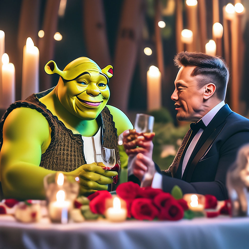 "Shrek with Elon Musk on a romantic date, wine, candles,roses ...