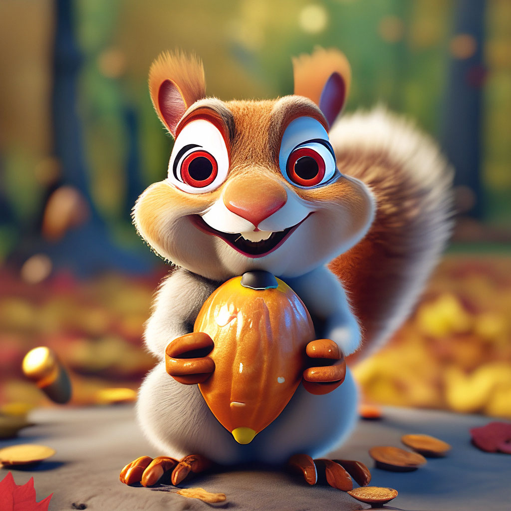 "Squirrel with acorn crazy eyes" — image created in Shedevrum