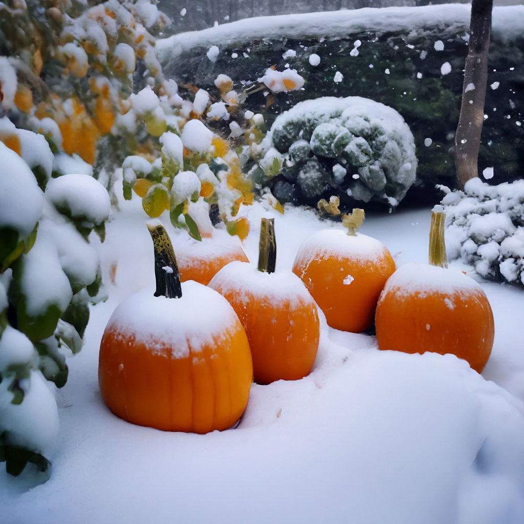 "Bright juicy pumpkins, in a snow-covered garden, covered with snow ...