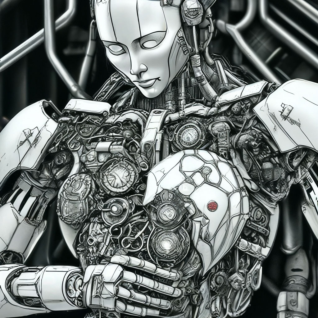 "A mechanical android takes out a mechanical heart from its body, high ...
