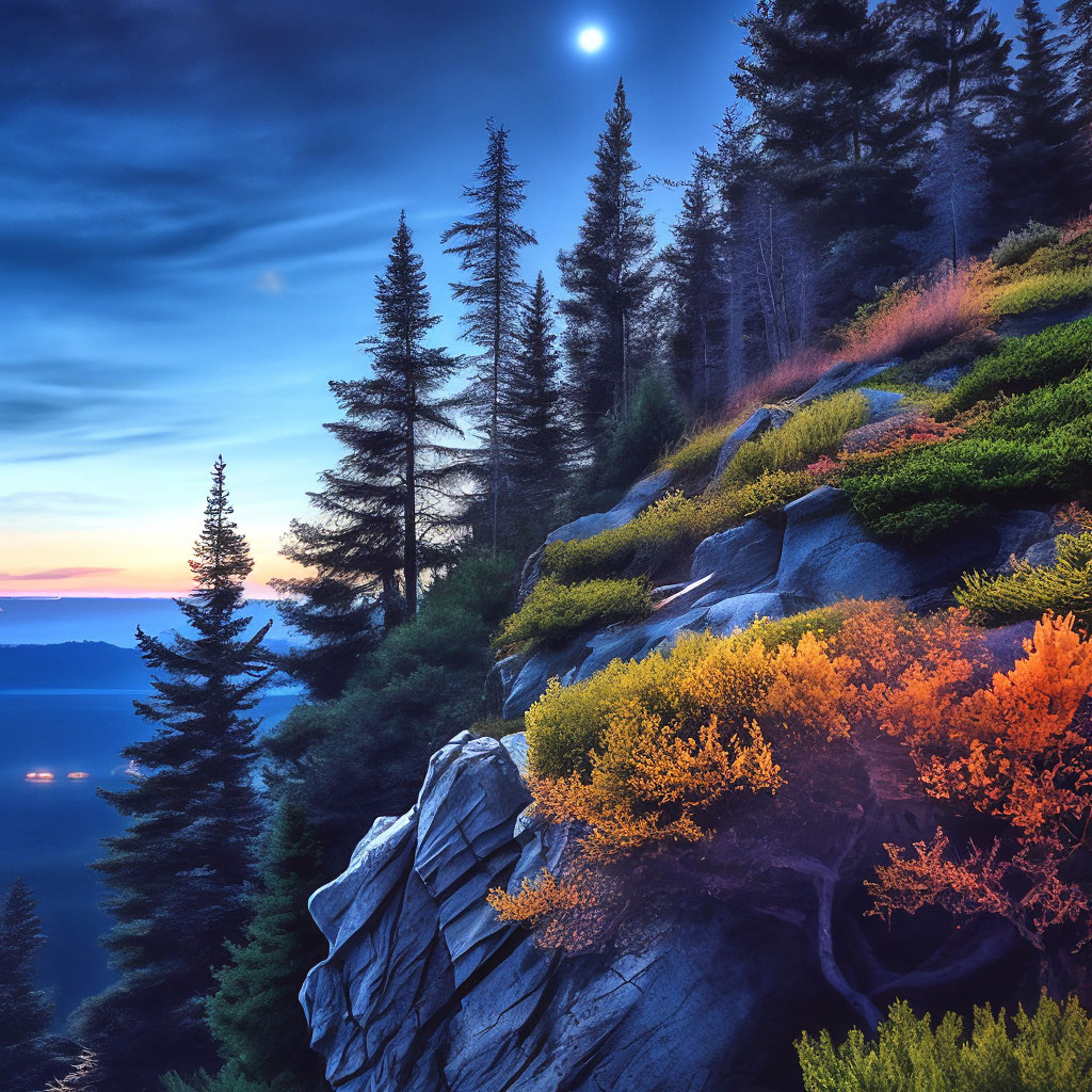 "Megarealistic photo, megacharget. cliff cliff spruce bushes. moonlit ...