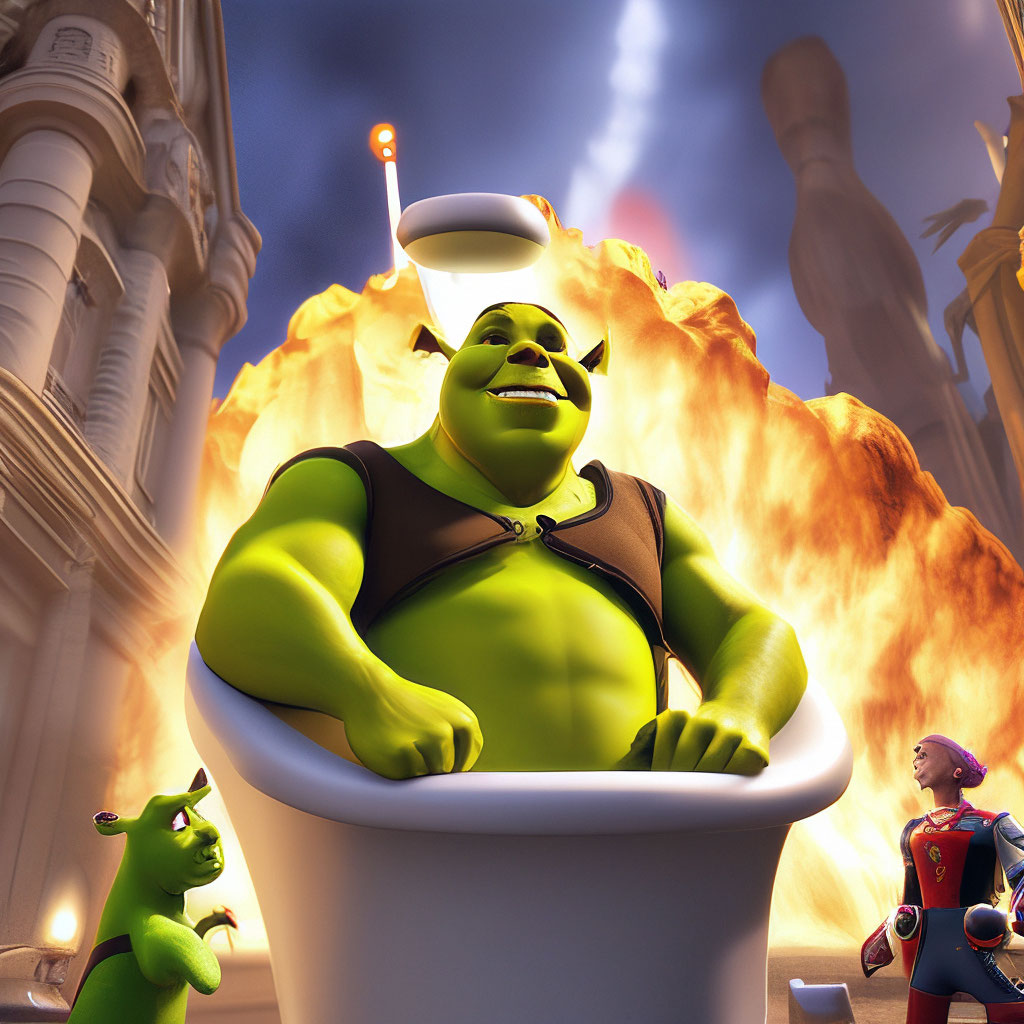 "Shrek on the skibidi toilet and behind the epic explosion and spider ...