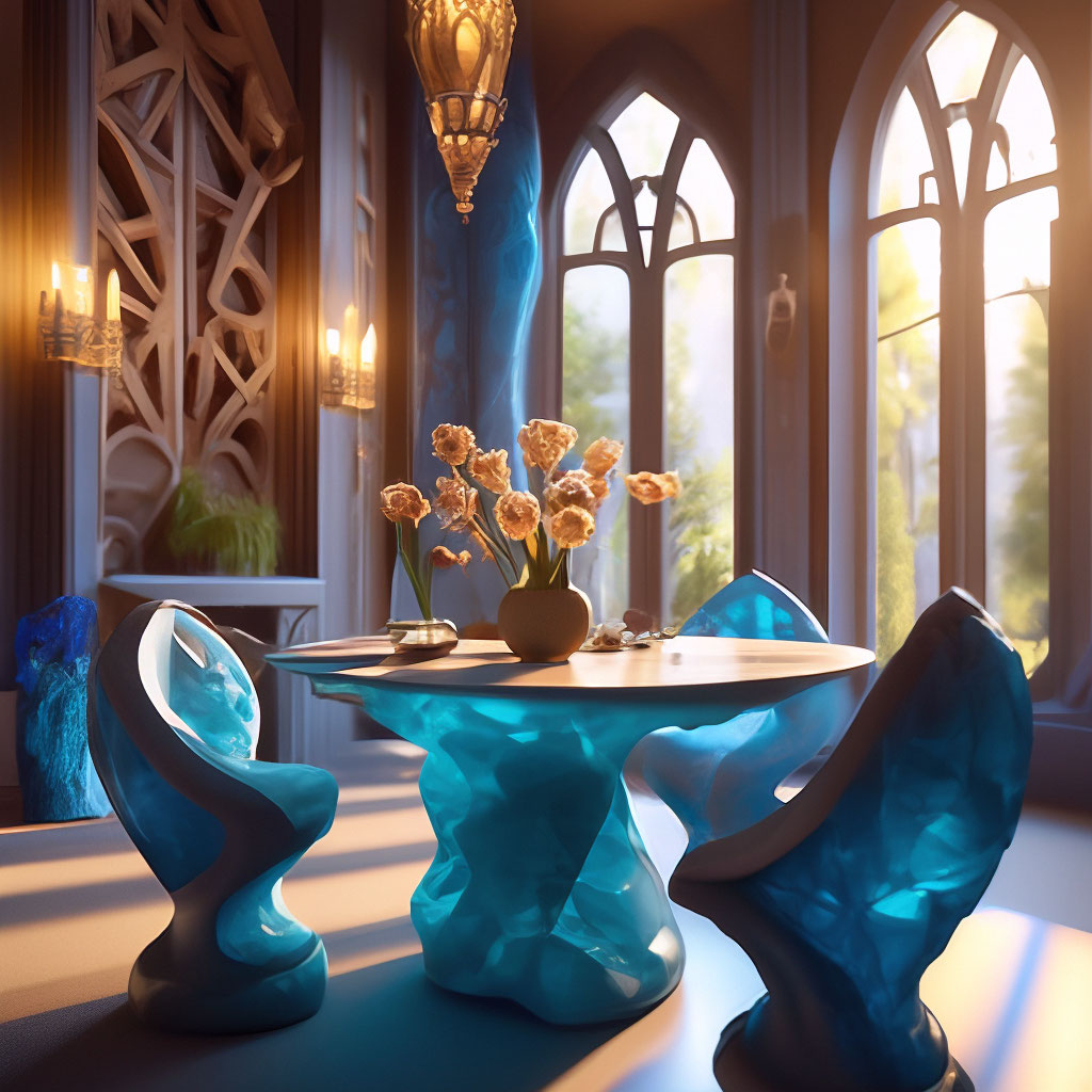 "Elven house, interior, carved agate table, azure onyx chairs, elegant ...