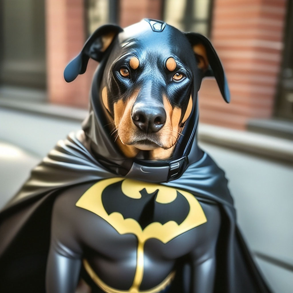 "An epic dog dressed in a batman costume" — image created in Shedevrum