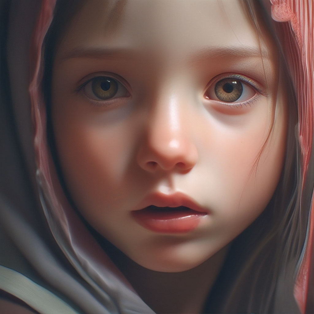 "Girl's face close-up, realistic, matte effect, disturbing, creepy ...