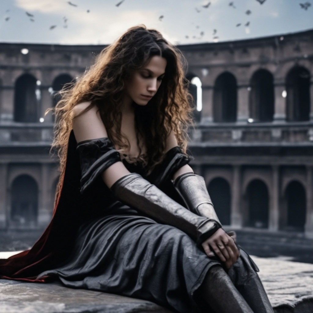 "A sad maiden sits on a flat slab of the amphitheater. Gray ash ...