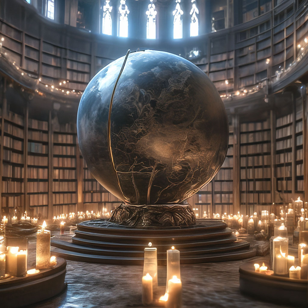 "A fabulous mysterious library, fantasy, many ancient books, a gloomy ...