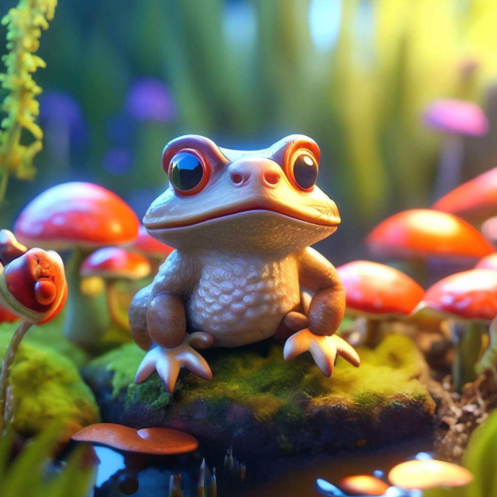 "Cute toad with mushrooms in a swamp, beautiful, professional photo ...