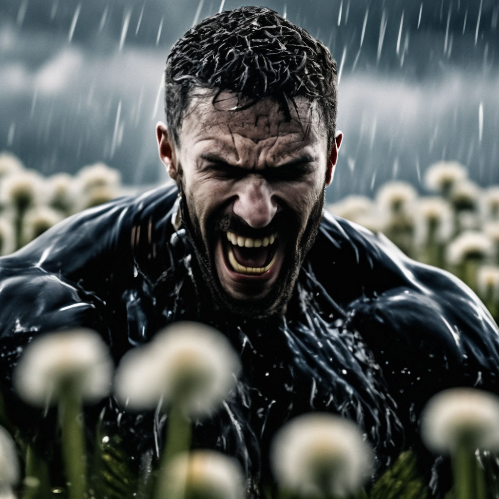 "Venom from the Movie Venom on the field of dandelions, rain, sky ...