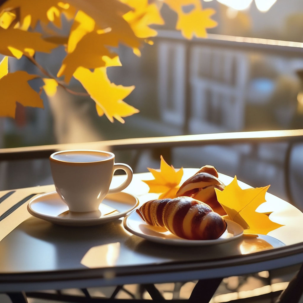 "Good October morning, terrace, cup of coffee, croissants on a saucer ...