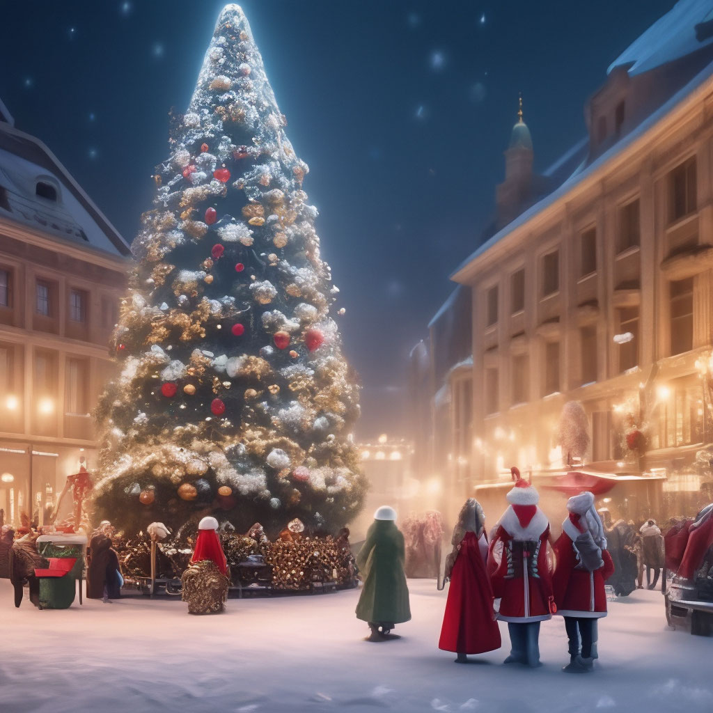 "The city square, in the center is large, a Christmas tree, and Santa ...