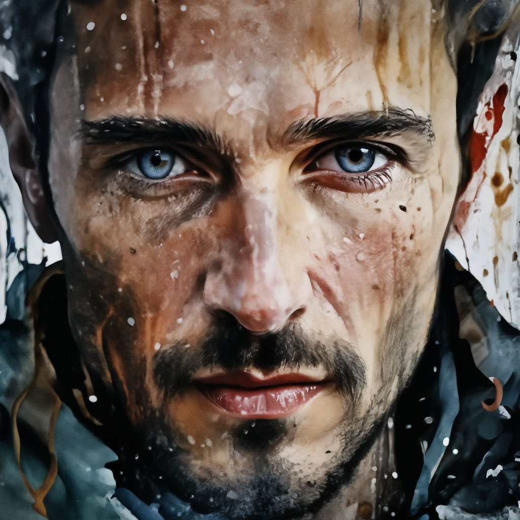 "The man's face watercolor on very wet paper, blurring, smudges ...