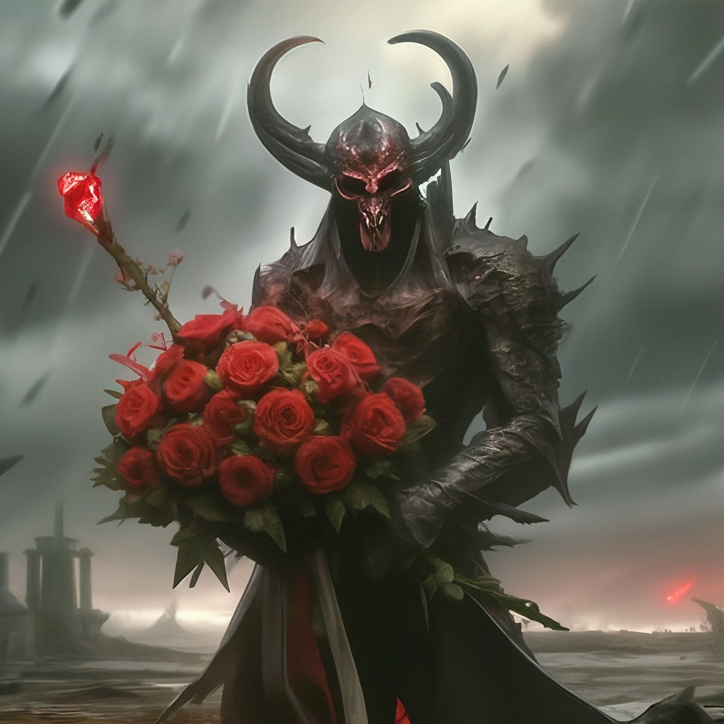 "A demon with a bouquet of roses" — image created in Shedevrum