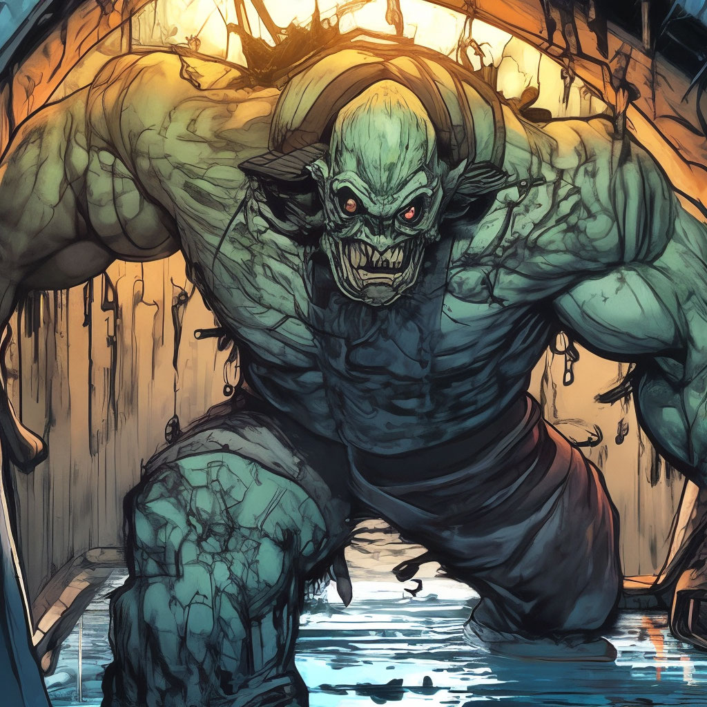 "Anthropomorphic mutant with huge muscles in the sewer, grunge art ...