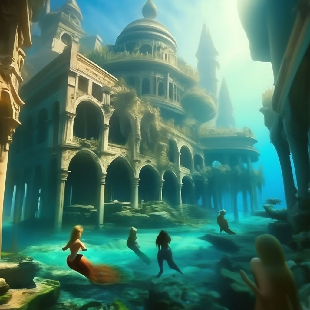 "An abandoned underwater city, where mermaids swim." — image created in ...