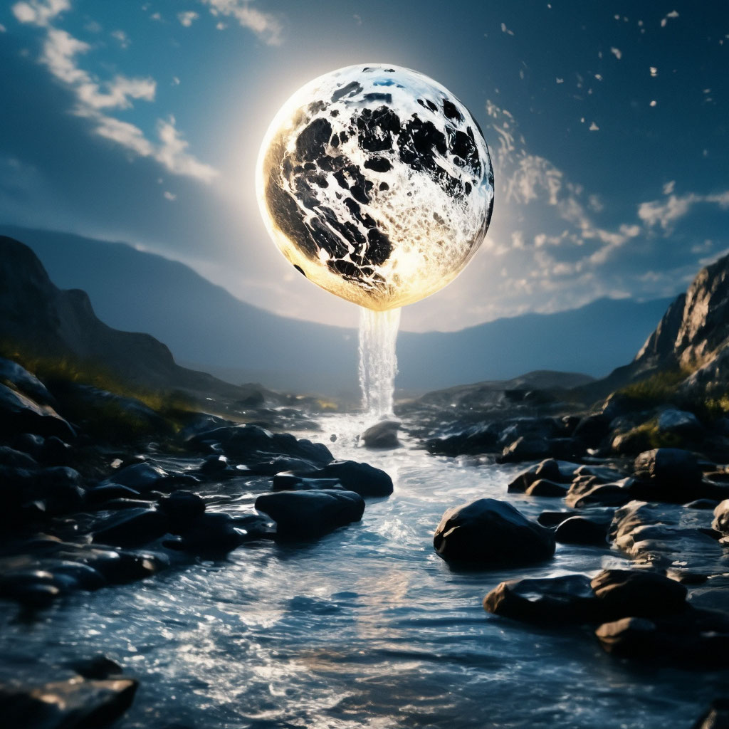 "Double exposure, unreal engine 5, melting moon, water flow from the ...