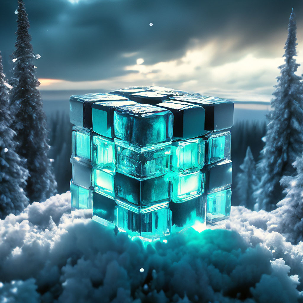 "Epic crystal ice Rubik's cube with glowing inside, winter forest ...