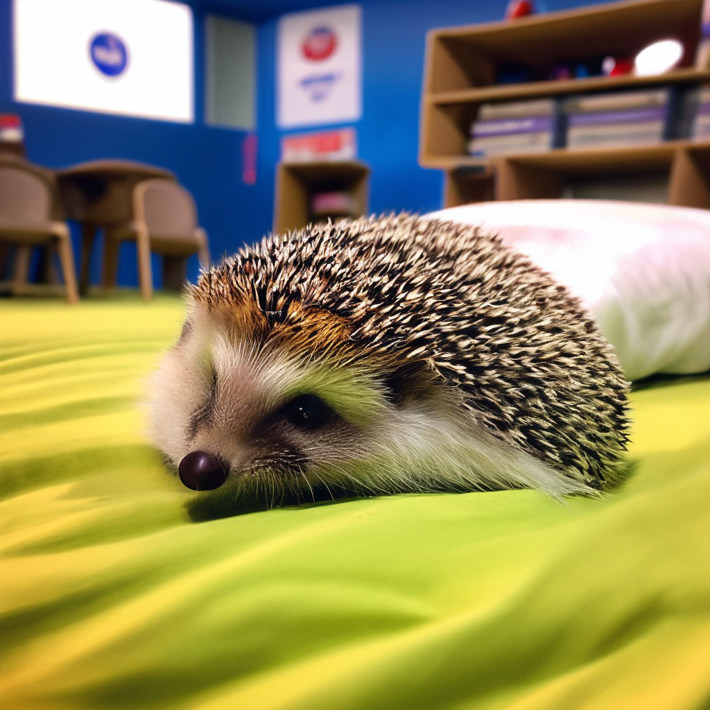 "A hedgehog is resting on a mattress at school" — image created in ...
