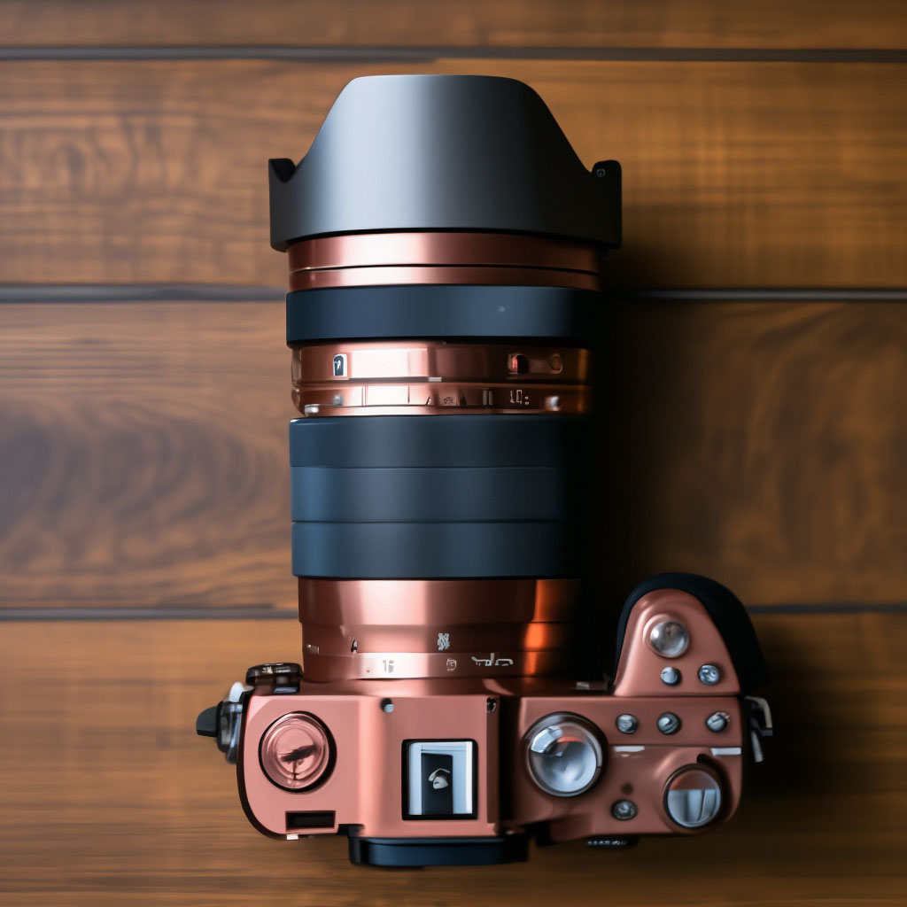 "A fancy camera. grey-copper body. long lens with lens hood. view from above…" — image created ...