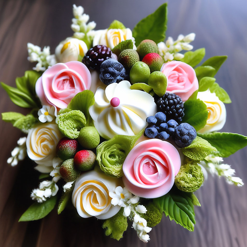 "Fancy flower of whipped cream and berries, flowers, greenery" — image ...